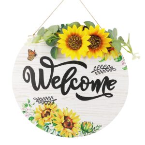 autonomier sunflower welcome sign for front door 12 inch sunflower front porch decor farmhouse rustic round wooden hanging sign with artificial sunflower and eucalyptus leaves for home garden (white)