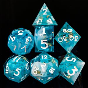 dnd polyhedral dice set runfng resin sharp edge d&d dice 7pcs d+d transparent rpg dice for dungeons and dragons accessories, role playing table game, warhammer with metallic box