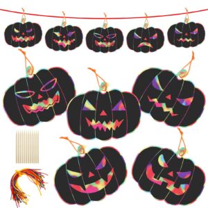 gejoy 40 pieces halloween scratch art paper rainbow colorful pumpkin scratch card paper with 40 ribbons 12 wooden scratch tools for halloween theme party kids school home activities