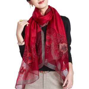 wincess yu women mulberry silk scarf long & large embroidered floral pattern shawl and wraps neckerchief for hair & neck (sunflower wine red)