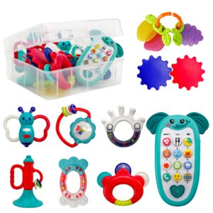 wishtime baby rattles teethers with phone toy set, 10pcs infant grab spin rattle shaker with storage box, newborn baby toys 6 to 12 months, teething toys for toddlers boys girls