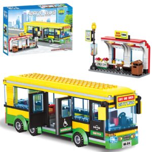 city town bus station building block set - 386 pieces, educational learning creative stem bus toy, ideal gift for kids, boys, and girls ages 6 and up