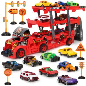 aoskie transport carrier truck car toy with mini cars and road signs, hauler launch vehicles play set gifts games for kids ages 3-5 years old