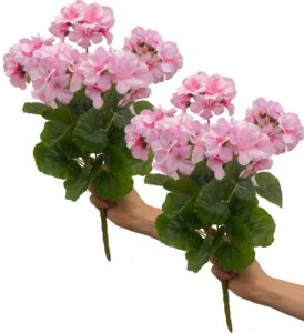 mumiko 2pcs 18" artificial geraniums silk flowers outdoor uv resistant garden plants bush light pink