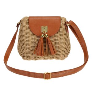 so'each women's handmade wicker woven purse tassels message crossbody shoulder bag khaki