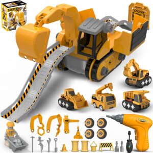 jiftok constrcution truck toy car for 3 4 5 6 7 8 year old boys, take apart toys with electric drill, building toy playset with excavator toy, tractor toy for kid 3-5 4-8 christmas birthday gifts