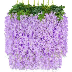 attmu 8 pack artificial flowers wisteria hanging flowers 3.6 feet/piece vine ratta string for home office wedding wall garden outdoor party decoration (purple)