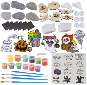 joyin 52 pcs halloween craft kid wooden magnet creativity arts & crafts painting kit, diy rock painting craft kits for kids halloween party, birthday parties and toddler crafts