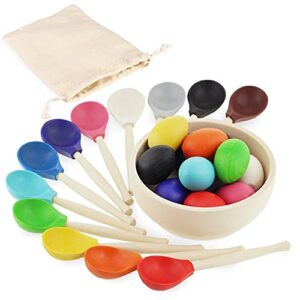 ulanik eggs and spoons toddler montessori toys for 1 year old + kids wooden eggs baby matching game for learning color sorting and counting — 12 pcs, 1.8 in