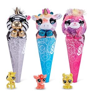 coco surprise fantasy series 1 (3 pack) version 1 by zuru animal plush toys with baby collectible in cone, animal toy for girls and kids (unicorn, giraffe, llama),multi-color