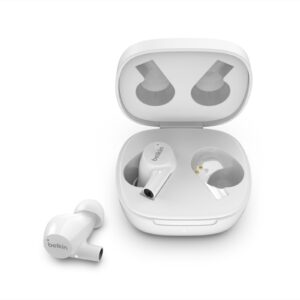 belkin soundform rise true wireless ear buds with wireless charger case, dual microphone, ipx5 water resistant earbuds, bluetooth headphones, compatible with iphone, galaxy, and more - white