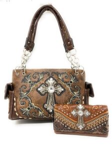 western premium suede leather cross buckle floral women's shoulder handbag wallet set (coffee floral cross set)