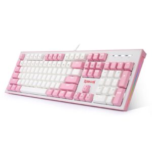 redragon k623 dual color keys mechanical gaming keyboard single white led + rgb side edge backlit 104 key wired computer keyboard with blue switches for windows pc (white + pink)