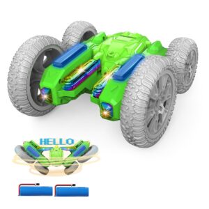 deerc rc stunt car w/flashing lights,360 degrees tumbling & rotating w/novelty luminous words,4wd drift high speed rc car,2 sided remote control car for boys, 2.4g crawler toy gifts for kids