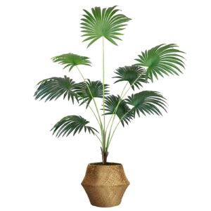 worth garden 5ft artificial desert fan palm tree, fake california palm plant silk tree, indoor outdoor 59in realistic faux silk plants office home perfect decor green (woven basket is not included)