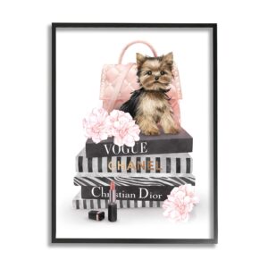 stupell industries yorkie puppy glam quilted purse fashion bookstack, designed by ziwei li black framed wall art, 11 x 14, multi-color