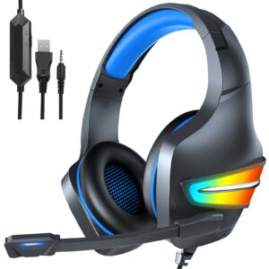 lmpoho pc gaming headset with stereo surround sound, j6 wired computer over ear headphones for ps4, ps5, nintendo switch, xbox one, with noise isolating mic & rgb light & comfort earmuff - blue