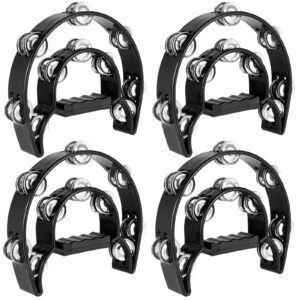 muklei 4 pack 9 inch double row tambourine, half moon musical tambourine, metal jingles hand held percussion drum with ergonomic handle grip for ktv, party, gift, black