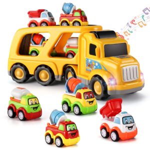 construction truck toys for 1 2 3 4 5 6 year old boys, 5-in-1 friction power toy vehicle in carrier truck toys for kids 3-5 years, car toys set for age 3-9, christmas birthday gifts