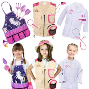 cheerful children toys girls dress up clothes for play - 16 pcs 3 costume set - kids' dress up & pretend play - little girls 3-7 years - gardener, explorer, doctor costume set