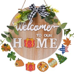 merrynine 30cm/11.8" round welcome door sign, interchangeable seasonal icon wooden wall decoration, various holiday christmas new year decoration for garden/porch/farmhouse/store