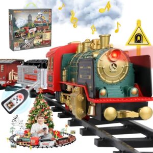 mini tudou christmas electric train set w/steam, sound & light, remote control train toys w/steam locomotive engine, cargo cars & tracks, toy train w/rechargeable battery for kids boys 3+ year old