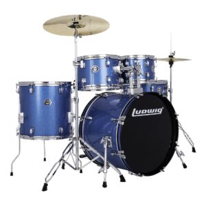 ludwig accent 5-piece complete drum set with 20-inch bass drum and wuhan cymbals - blue sparkle