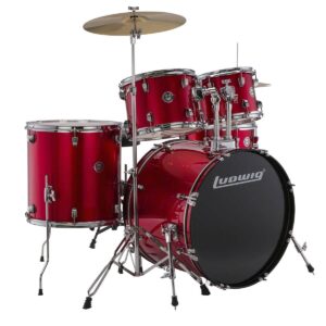 ludwig accent 5-piece complete drum set with 22 inch bass drum and wuhan cymbals - red sparkle