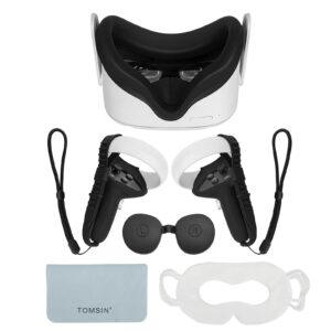 tomsin touch controller grip cover for oculus quest 2 with silicone face cover, protective lens cover, silicone handle strap disposable eye cover combo, sweatproof lightproof accessories (black)