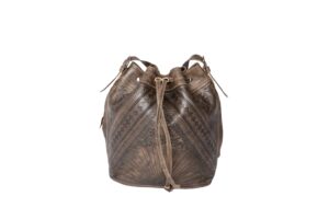 womens drawstring bucket bag, genuine leather crossbody bag, hand tooled, dark brown, handmade leather purse