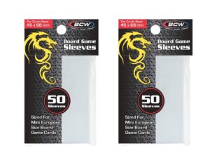 bcw_supplies mini european board game sleeves - 45mm x 68mm - bundle of 2 packs - 100 sleeves total