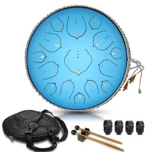 steel tongue drum - 15 note 14 inch tongue drum - tongue drum instrument - hand pan drums with music book, steel handpan drum mallets and carry bag, d major