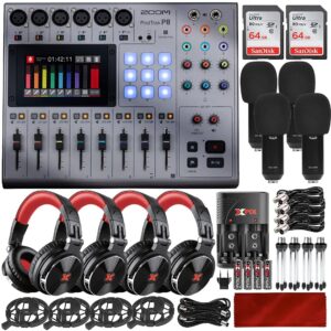 zoom podtrak p8 portable multitrack recorder perfect for podcasting, twitching and more in premium accessories bundle with x4 stereo headphones, x4 microphones, batteries cleaning kit & more