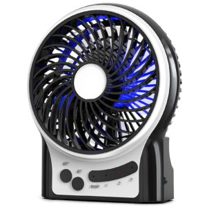 mini portable battery operated desk fan, rechargeable & usb powered handheld fan with atmosphere light & flashlight, strong airflow, 3 speeds, small personal hand held fan for desktop camping (black)