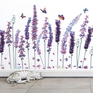 rw-1028 3d flowers wall decals purple lavender wall stickers flower plant butterfly decoration diy removable garden lavender floral wall art decor for kids girls bedroom living room nursery office