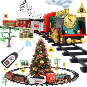 remote control train set - electric r/c train toy for kids w/smokes,lights & sound,railway kits w/steam locomotive engine,cargo cars & tracks, christmas toys for 3 + year old kids