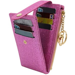 ffpaw glitter credit card wallet for women shiny small coin purse rfid blocking card holder with key ring (shiny rose)