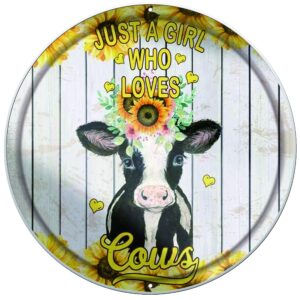 dreacoss round metal tin sign just a girl who loves a cow flower wreath sign,suitable for home garden kitchen bar cafe restaurant garage wall decor retro vintage 12x12inch