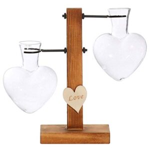 beatae hydroponic glass planter, heart shaped glass vase with retro solid wood stand glass flower pot for home garden office wedding decoration