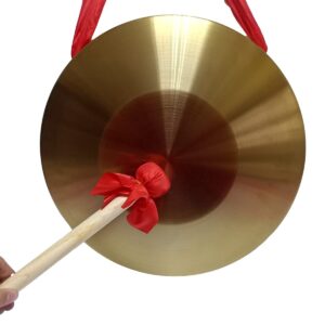 ruimimi gong instrument with 16.4 inch(42cm),chinese traditional percussion instrument brass gong with wooden mallet and red hanging ribbon for home office celebration