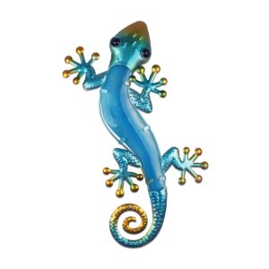 songjum metal gecko outdoor decor, 15 inch metal gecko wall decoration, large hanging lizard wall decor art sculpture for home bedroom yard fence kitchen (blue)