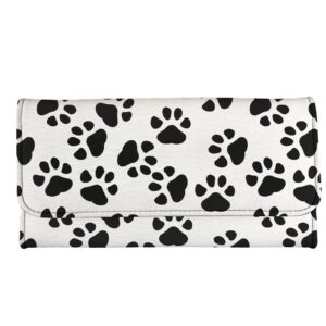 binienty leather slim wallets card holder clutch handbag for women girls, black and white dog paws print trifold wallet