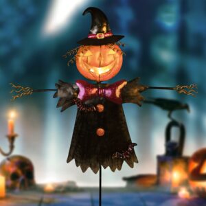 solar halloween decorations outdoor，metal scarecrow shape halloween jack o' lantern, solar pathway stake halloween lights decor for garden, patio, yard and farmhouse.