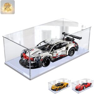 thickened clear acrylic display case with wood-plastic base for lego 42096 42172 42143 42083 42156 figures transparent box large organizer protection, white inside 23.6x11.8x7.9inch