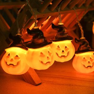 wonlex orange halloween lights battery operated, 10ft 20 leds pumpkin lights halloween decor, halloween decorations lights for indoor, outdoor party, garden (pumpkin with wizard hat)