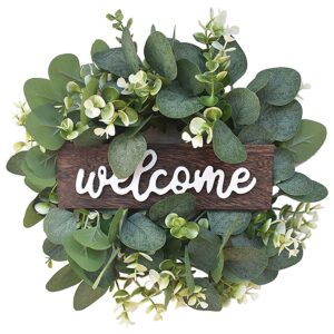 alemay green eucalyptus wreaths for front door, artificial welcome sign for front door wreath faux eucalyptus porch farmhouse patio garden festival celebration window party decor home décor(11.8in)