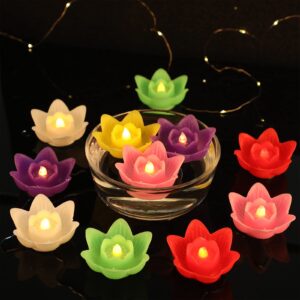 6 colors lotus led candle floating candle lights up when it meets water battery powered flameless candle light waterproof night light for festival wedding home garden pond, 12 pieces