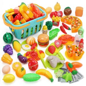 holyfun 100 pcs cutting play food toy for kids kitchen, pretend fruit & vegetables accessories with shopping basket, plastic mini dishes, play money, perfect educational toy for toddlers boys & girls