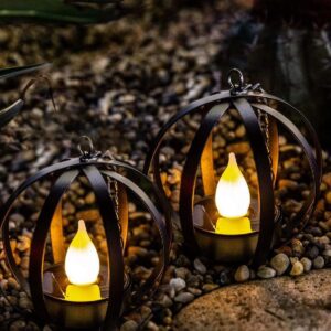 hanging solar lights outdoor - 2 pack small metal hanging tree lanterns with retro design for patio, yard, pathway and garden candle lanterns retro lights decoration