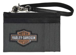 harley-davidson women's oil can b&s card case zip polyester & leather wallet